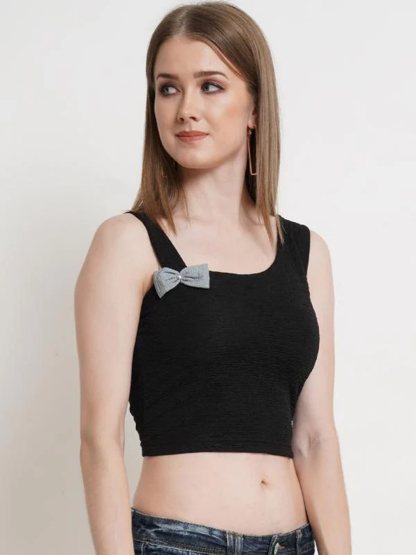 Popwings Casual Black Solid Women Bow Crop Top ! Self Design Black Bow ...