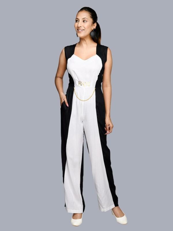 RANJ Women White Colorblock Rayon Jumpsuites (L) - JioMart