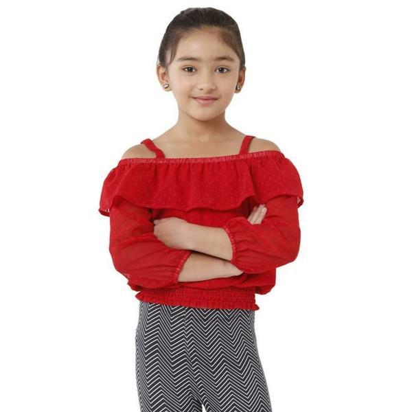 De Moza Girls Red Printed Polyester Top - 2 to 3 Years - JioMart