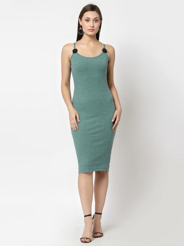 Popwings Casual Pastel Green Bodycon Long Rib Cotton Dress - JioMart