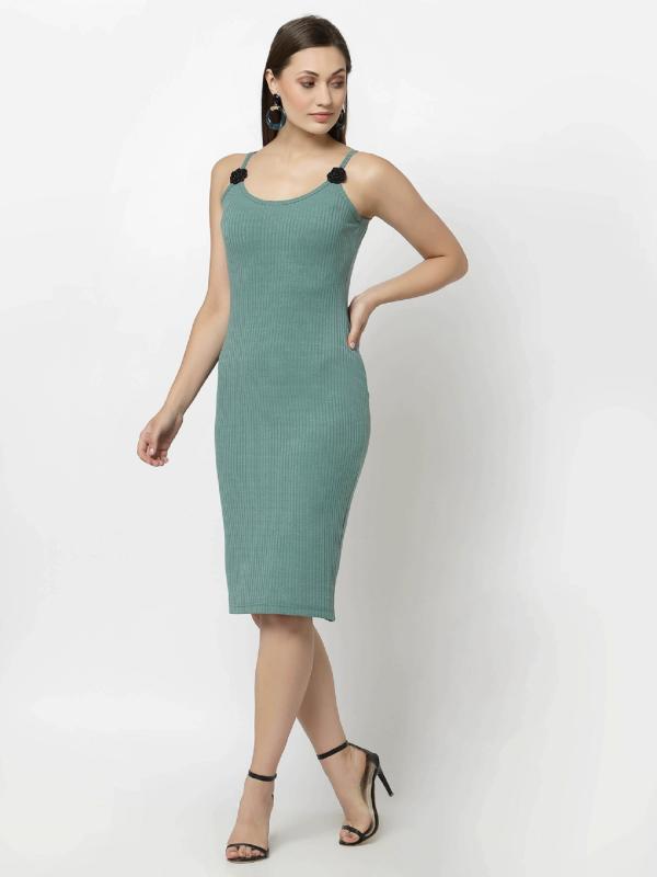 Popwings Casual Pastel Green Bodycon Long Rib Cotton Dress - JioMart
