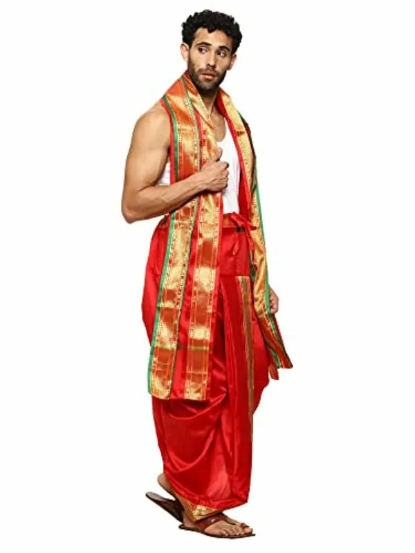 Rameshwaram Fabrics Men Red Silk Dhoti with Stole Set - JioMart