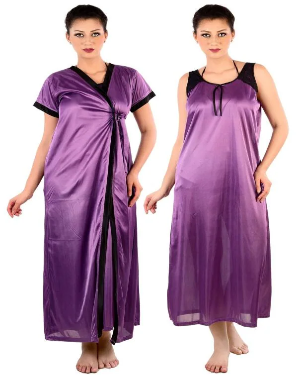 Women's Night Dress and Nighties Purple Satin Nightwear 2pc Robe ...