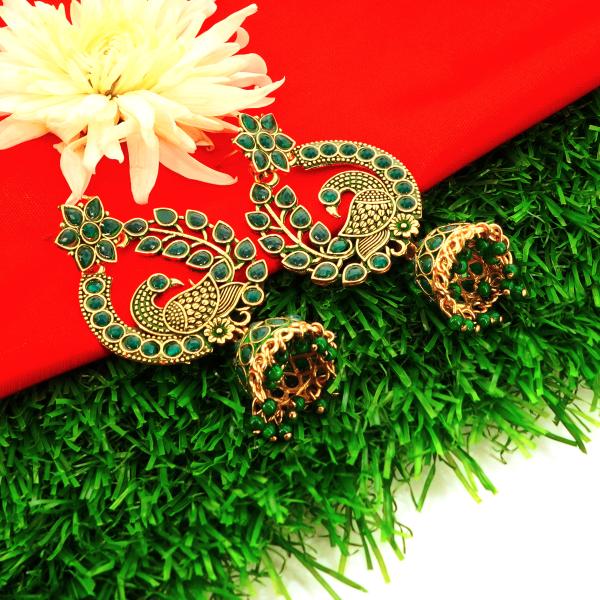 Fashion Frill Mayur Design Mesmerizing Gold Plated Green Jhumkas For ...