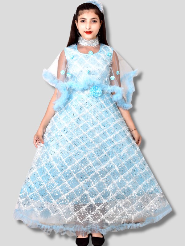 Vivek Girls Blue Frock with net pochu Floral Partywear Dress - JioMart