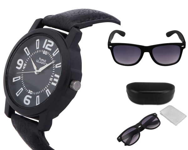 HMTO Black Leather Analog Watch With Wayfare Sunglasses - JioMart