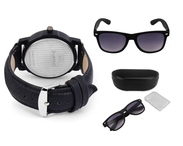 HMTO Black Leather Analog Watch With Wayfare Sunglasses - JioMart