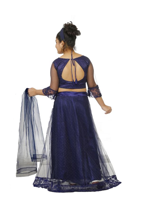YAYAVAR Girls Navy Blue Jaquered Silky Net Pack of 1 Ethnic Lahenga Choli Dupatta Set - JioMart