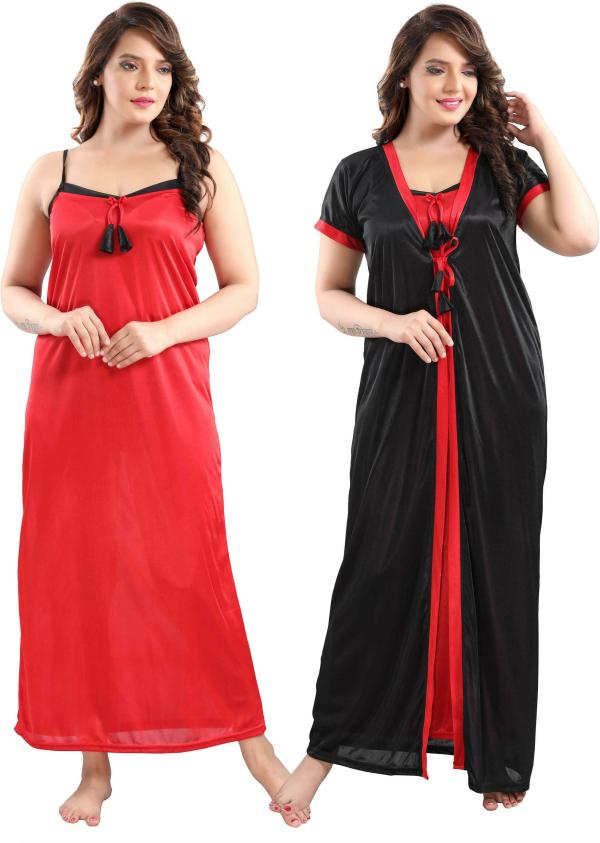Ultraviolet Women Black, Red Solid Satin Nighty Set - JioMart
