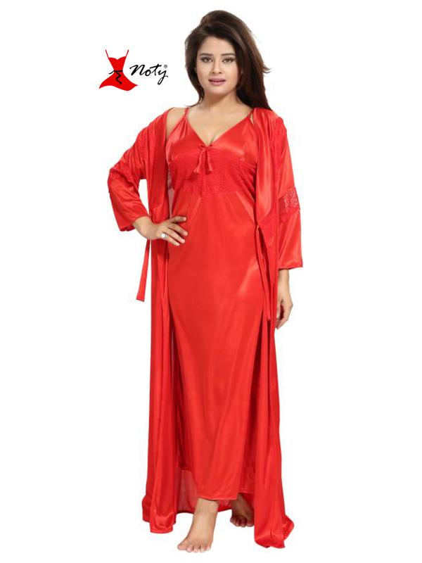 Noty - Women's- Nightwear Set- Nighty with Robe- Satin Fabric- 2 Pc ...