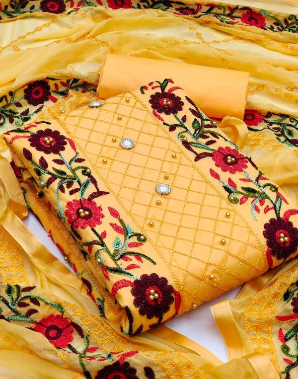 Siril Women Yellow Embroidered Cotton Blend Unstitched Salwar Suit ...