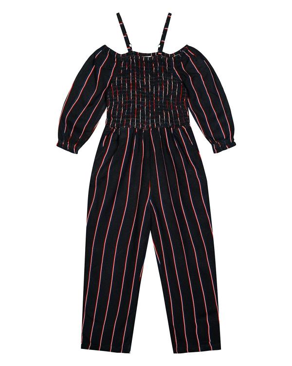 Budding Bees Girls Blue Striped Rayon Full Jumpsuit - JioMart