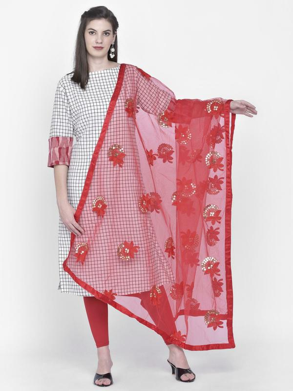 Dupatta Bazaar Women Red Embroidered Net Dupatta - JioMart