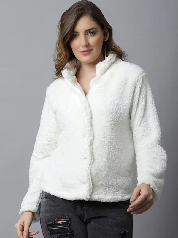 White Solid tailored jacket, has a stand collar,has a button closure ...