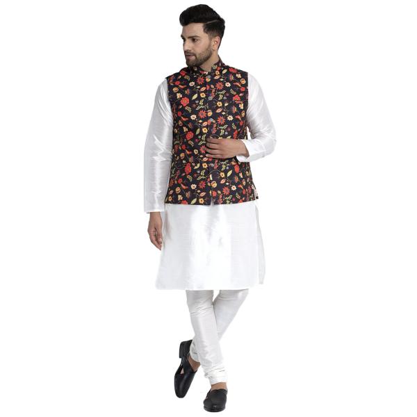 Bontestitch Men's Silk Blend White Kurta Pajama with Designer Ethnic ...