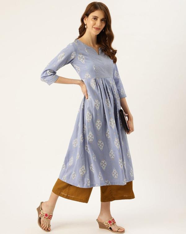 Blue Front Embroidery Yoke Kurta - JioMart