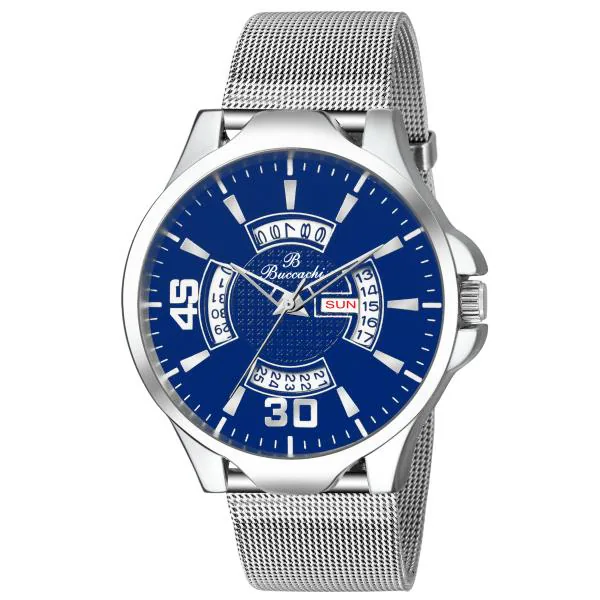 Buccachi Blue Dial Day & Date Functioning Silver Stainless Steel ...