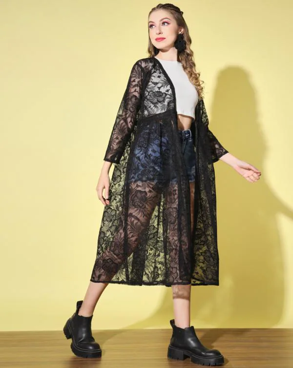 BuyNewTrend Black Women Long Net Shrug - JioMart