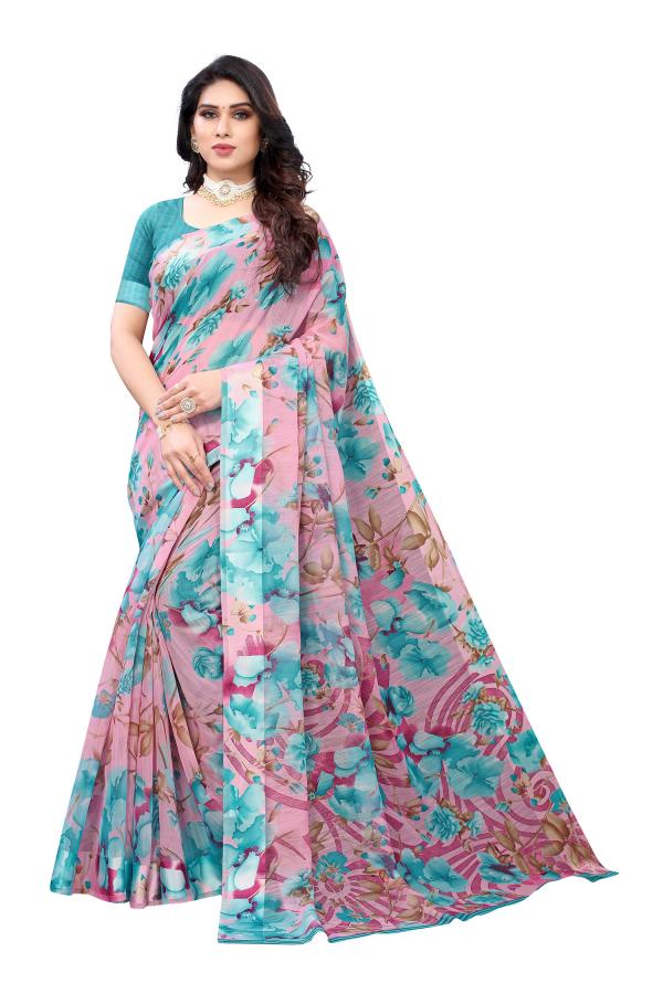 Reeta Fashion Designer Blue Pink Linen Printed Sarees with Unstitched ...