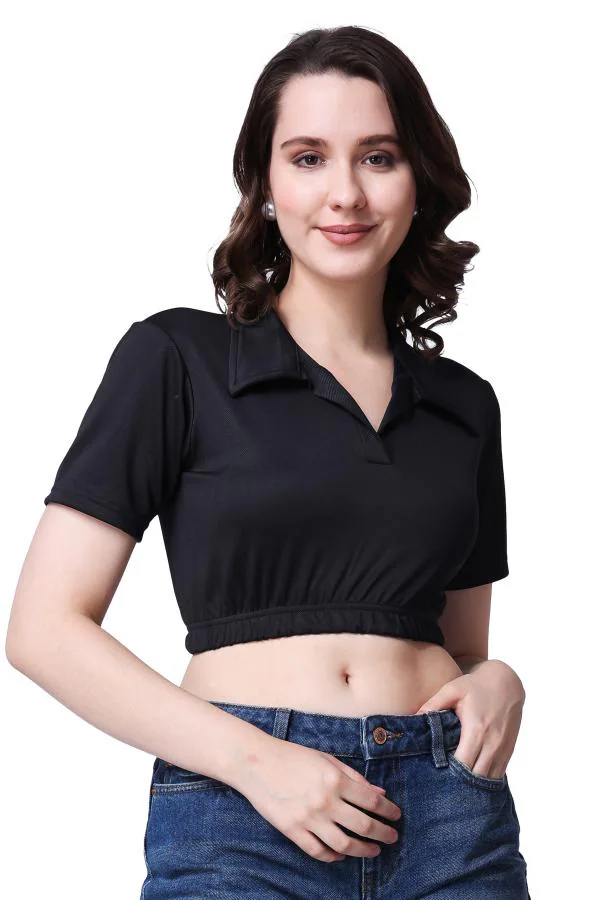 Popwings Women Casual Black Solid Collar Crop Top - JioMart