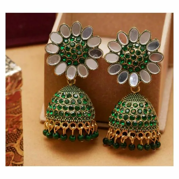Traditional Ethnic Fancy Green Color Oxidized Mirror Jhumka Jhumki for ...