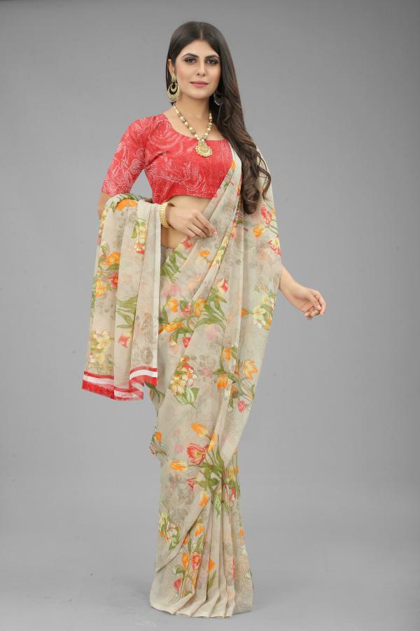 NISHA CREATION Women Beige Digital Print Chiffon Single Saree - JioMart