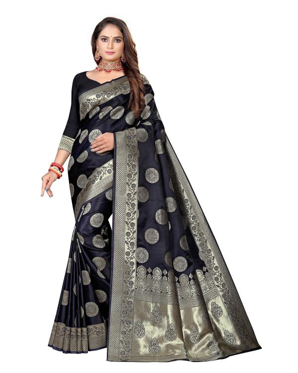 Tigdi Vasstra Women's Fancy Navy Blue Designer Woven Satin/Katan Saree ...