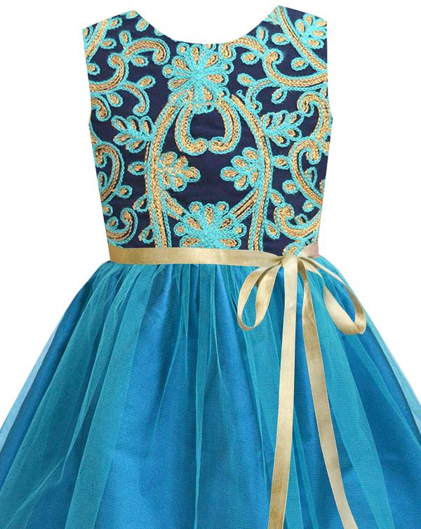A.T.U.N. Girls Turquoise-Navy Embroidered Party dress - JioMart