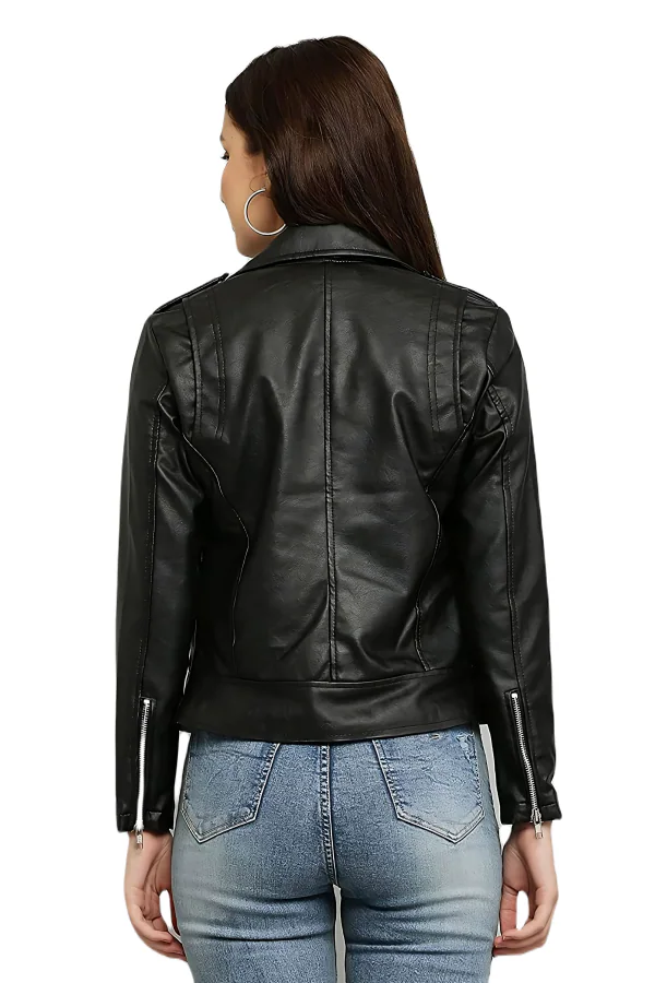 PREEGO Women Black Solid Lightweight Leather Jacket - JioMart