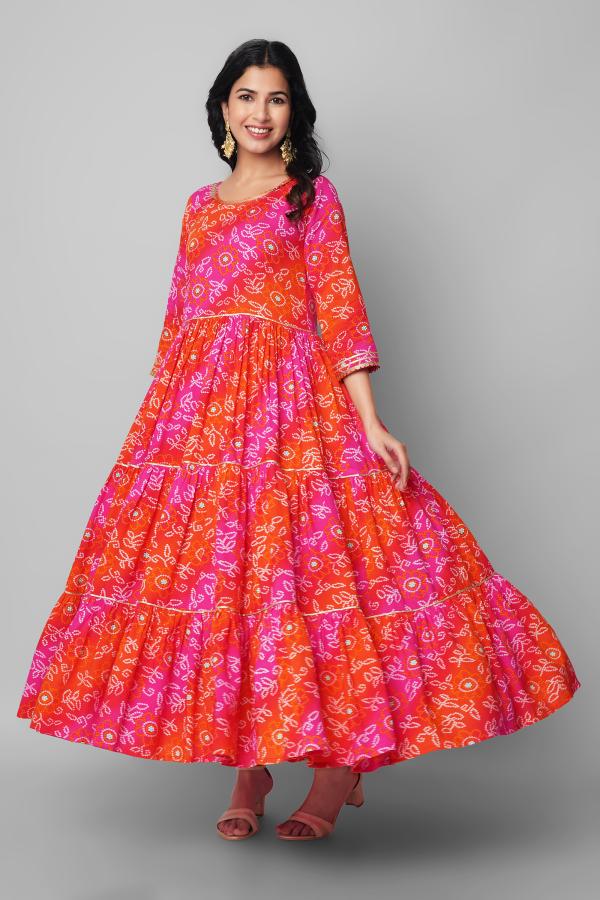 God Bless Multi Colored Bandhani Printed Tiered Anarkali With Lace ...