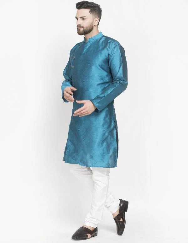 Benstoke Men's Peacock Blue & White Silk Blend Woven Kurta With ...