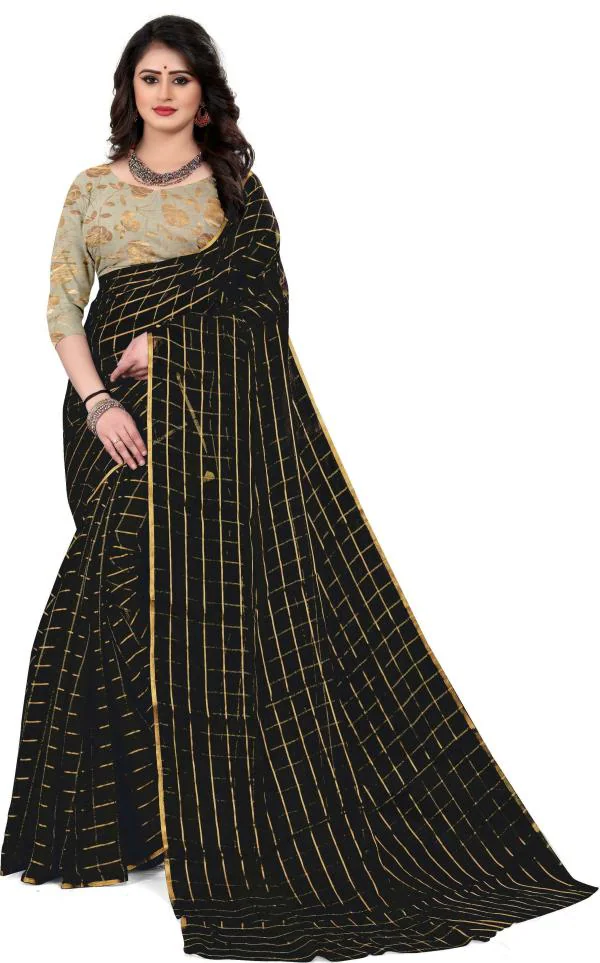 Stylish Sarees Women Black Checkered Chiffon Saree - JioMart