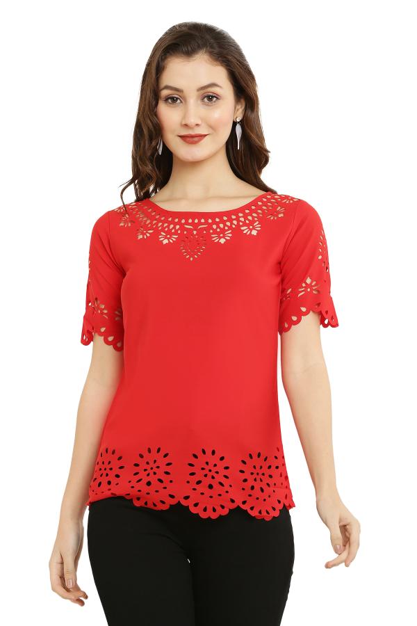 PREEGO Women Red Half Sleeves Self Design Top - JioMart