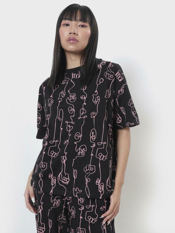Bewakoof Women's Black Abstract AOP Round Neck Short Sleeve Oversized T ...