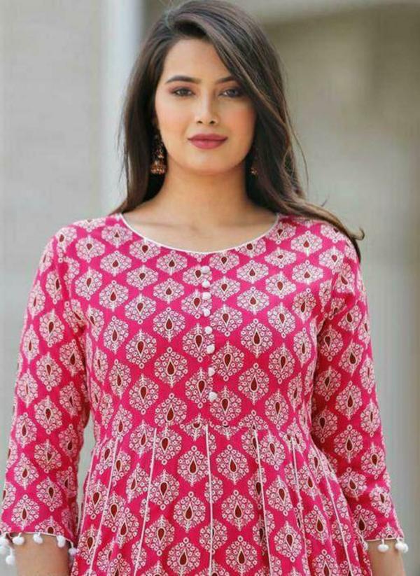 Sa Rasa Women Pink and White Printed Cotton Rayon Flared Kurta - JioMart
