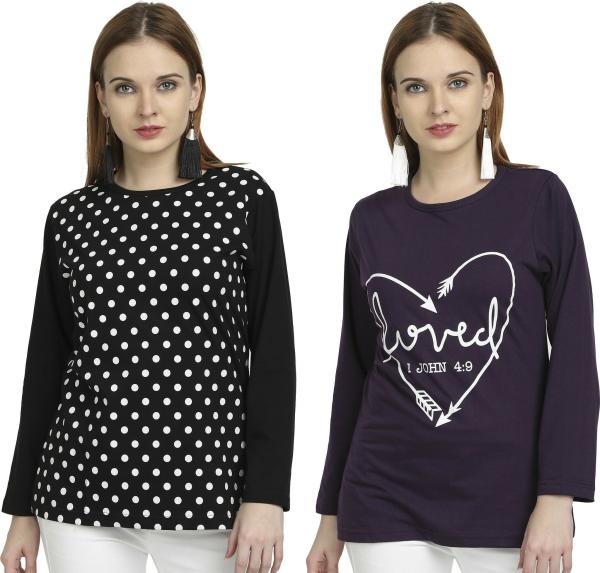 CHOZI Women Black, Purple Printed Cotton Blend Pack of 2 T-Shirt - JioMart