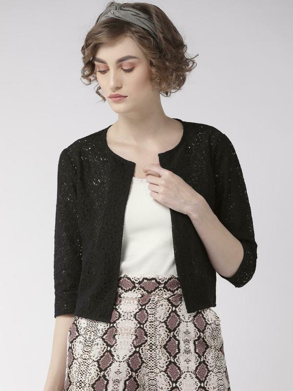 Style Quotient Women Black Self Design Open Front Crop Shrug - JioMart