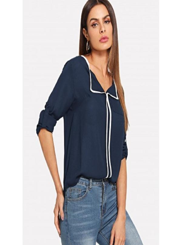 Fabrange Contrast Binding Roll Tab Sleeve Navy blue Top - JioMart