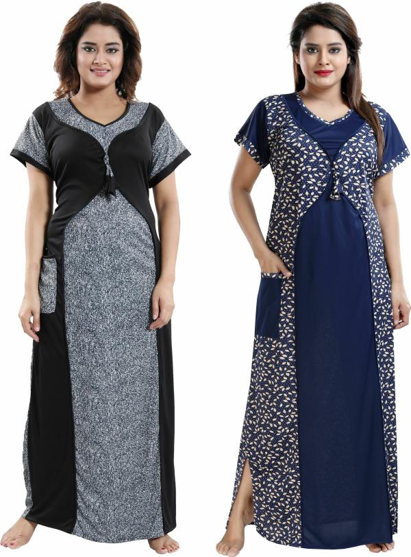 Babesa Women Blue and Black Polka and Self Design Satin Nighty Set ...