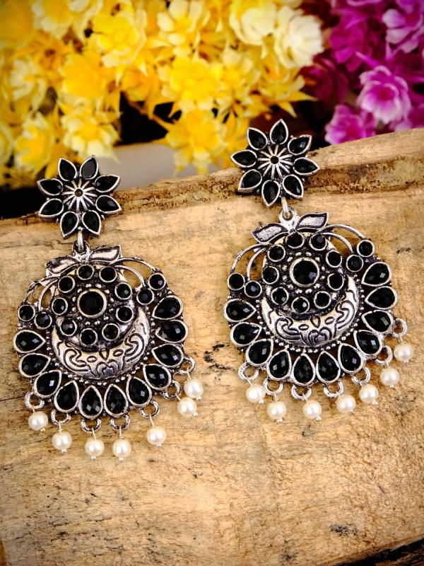 CRUNCHY FASHION Oxidized German Silver Chandwali Black Color Dangler ...