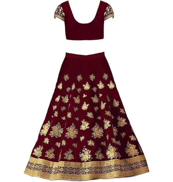 Craqline Girls Maroon Embroidered Satin Ghagra, Choli And Dupatta Set ...