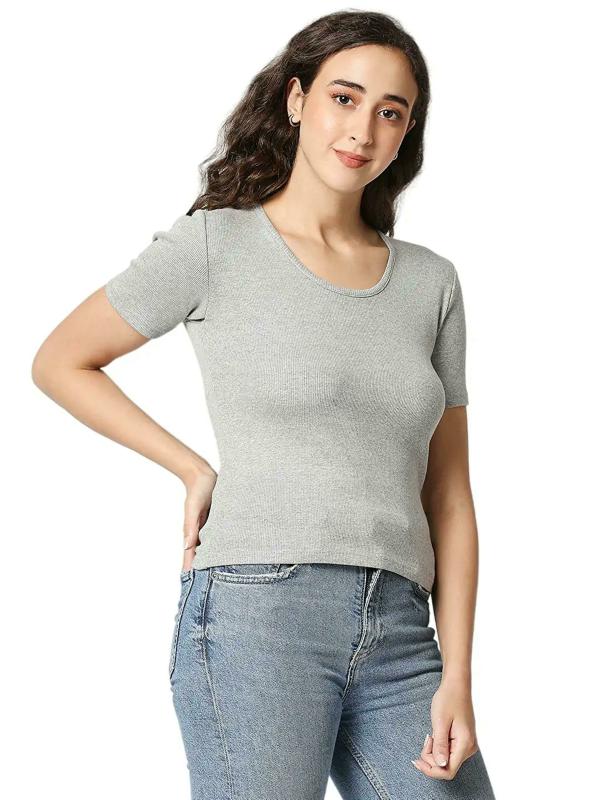 M.M Women Grey Solid Cotton Crop Top ( S ) - JioMart