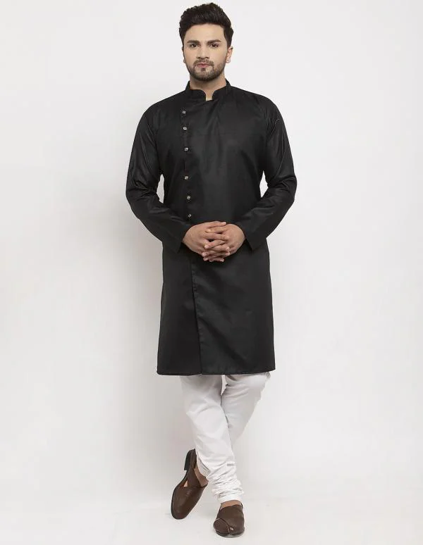 Benstoke Men's Black & White Cotton Angrakha Style Kurta With Churidaar ...