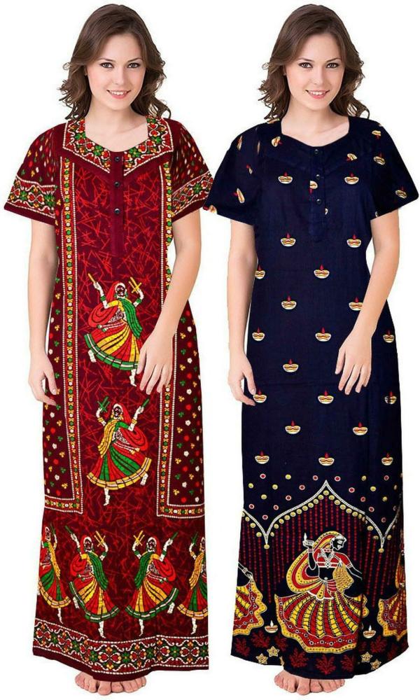 Mudrika Women Blue and Red Printed Cotton Pack of 2 Nighty - JioMart