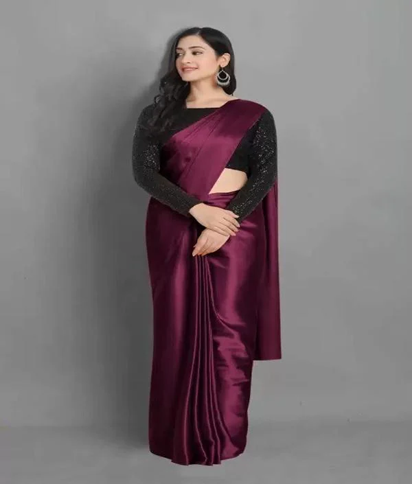 Aruna Sarees Solid/Plain Bollywood Satin Saree (Purple) - JioMart