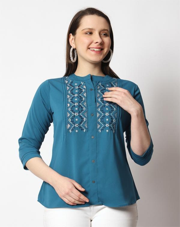 Prettify Casual Embroidered Women Blue Top - JioMart