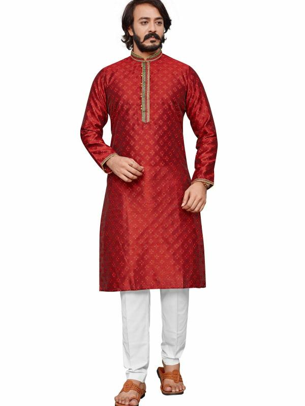 OUTLUK Bold Red Jacquard Men's Kurta Set with Detailed Pintex Work for ...