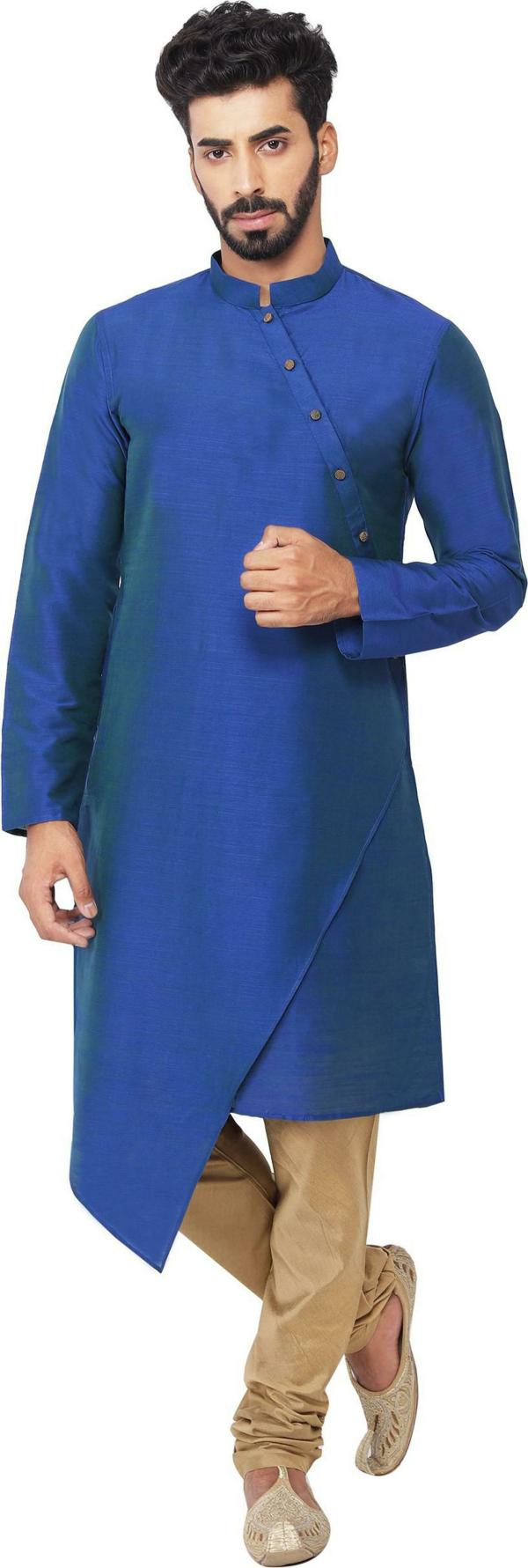 Rene Men Blue Cotton Silk Solid Kurtas - JioMart