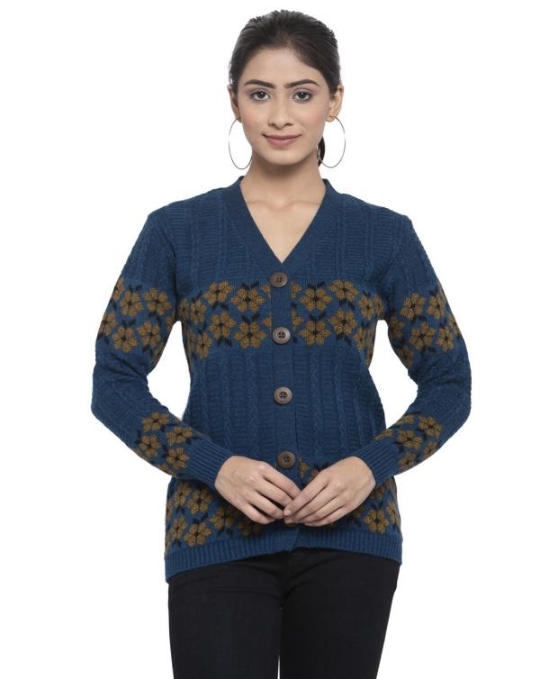 Kalt Women Teal Self Design Acrylic Sweater - JioMart