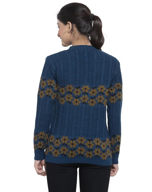 Kalt Women Teal Self Design Acrylic Sweater - JioMart